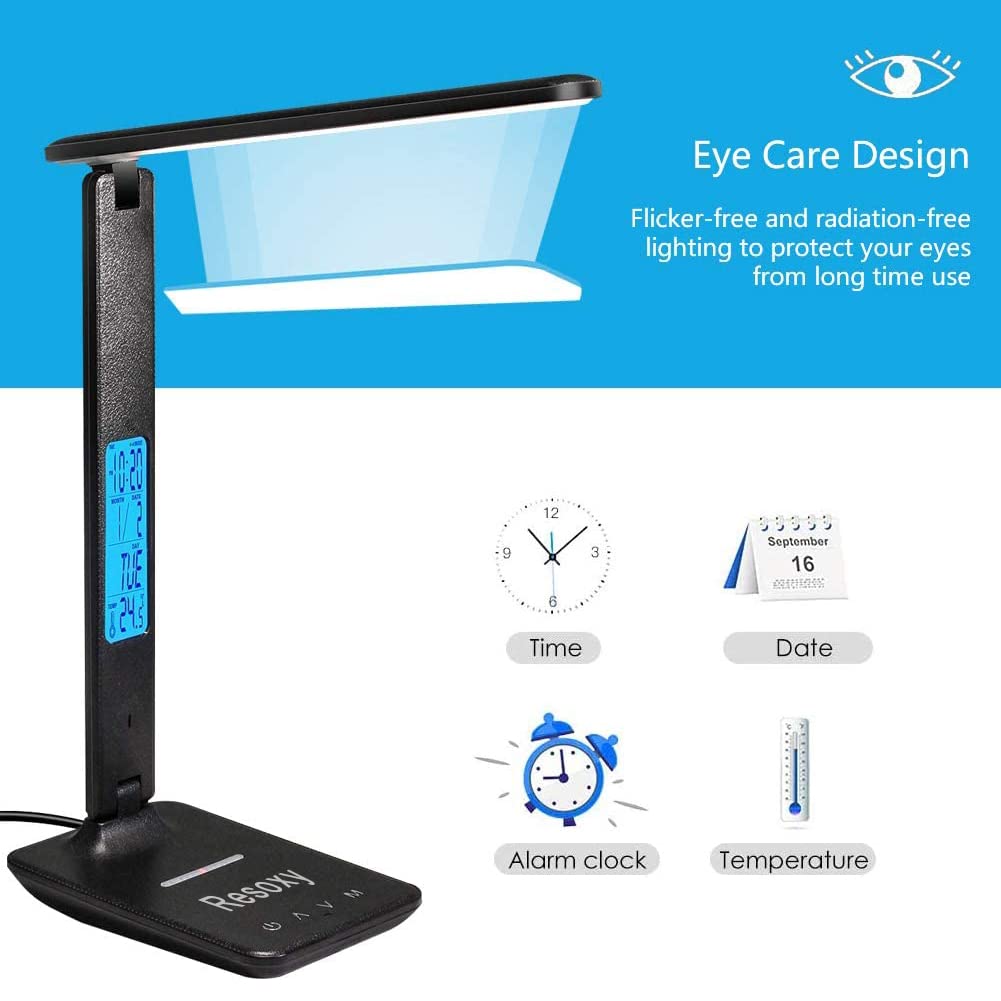 Desk Lamp LED Desk Lamp with Wireless Charger 10W Touch Control 3 Lighting Modes 5 Brightness Levels Adjustable Table Lamp Clock Alarm Date Temperature Function USB Charging Port with Adapter Black