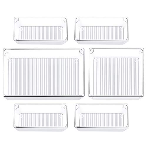 Kootek 6 Pcs Drawer Organizer Set, 3-Size Bathroom Drawer Organizers Makeup Trays Vanity Desk Dividers Versatile Storage Bins Clear Plastic Drawer Organization Container for Dresser, Kitchen, Office