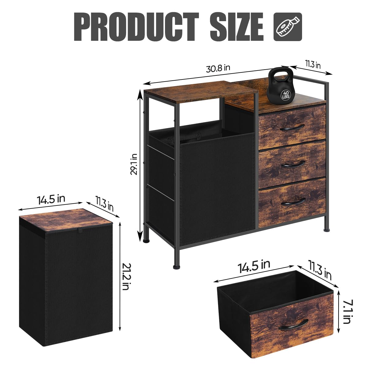 Laundry Hamper, Laundry Basket with Shelves, Laundry Sorter with 3 Tier Sliding Folding Storage Basket, Bathroom Laundry Room Organization and Storage, Dirty Laundry, Towel, Rustic Brown