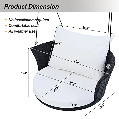 P PURLOVE Single Person Wicker Hanging Seat,Porch Swing Bench with Hanging Ropes,Cushion, Pillow, Rattan Swing Bench for Garden, Backyard, Pond