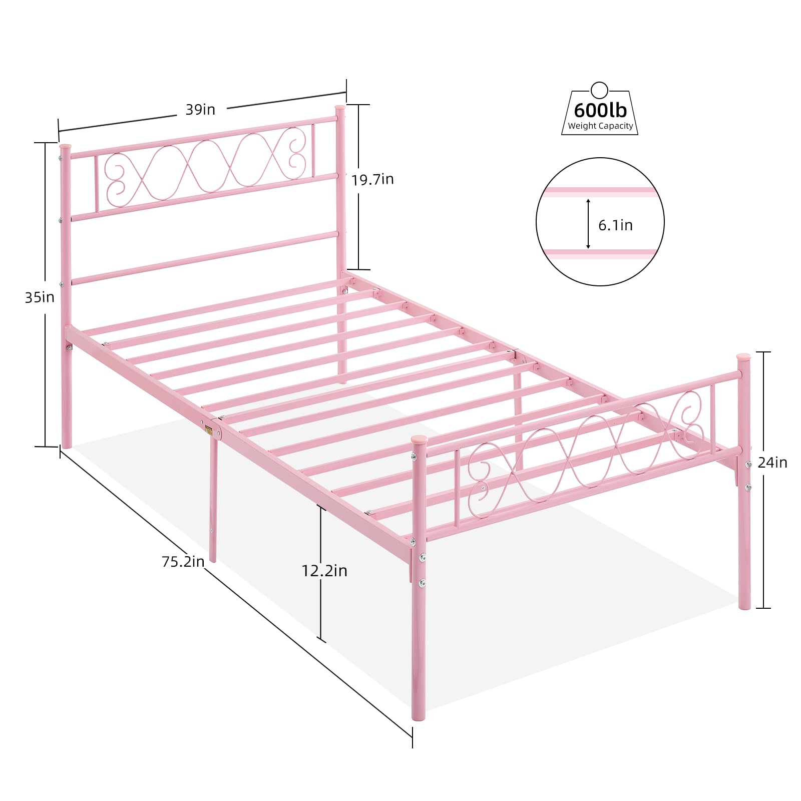 IDEALHOUSE Pink Metal Twin Bed Frame with Headboard and Footboard for Girls and Boys, Twin Size Platform Bed Frame with Iron-Art Sweet Heart, No Box Spring Needed, Easy Assembly