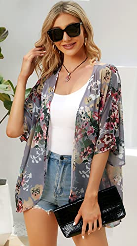 Women's Floral Print Puff Sleeve Kimono Cardigan Loose Cover Up Casual Blouse Tops (Dark Grey, XL)