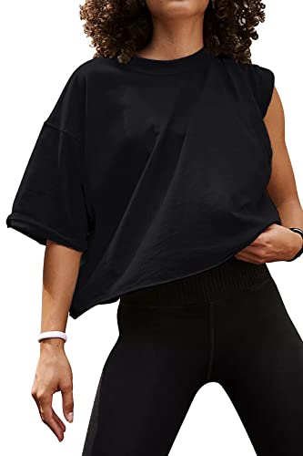 Women's Oversize Crop Tops Casual Half Sleeve Drop Shoulder T-Shirts Roll Hem Basic Workout Loose Yoga Athletic Running Tees Black S