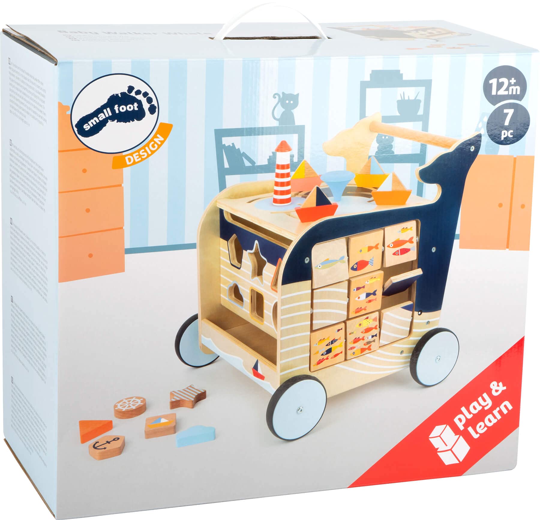 Wooden Whale Baby Walker by Small Foot – Classic 5-in-1 Activity Center - Interactive Toy with Shape Sorter, Puzzle Maze, Compass, Chalkboard - Develops Kids Coordination, Motor Skills –Age 12+ months