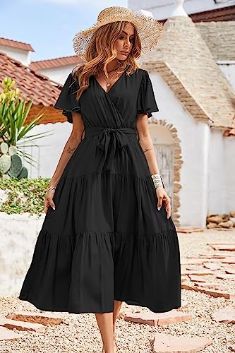 PRETTYGARDEN Summer Dresses for Women 2023 V Neck Wrap Short Sleeve Boho Midi Dress Tie Waist A Line Beach Sun Dresses (Black, Medium)