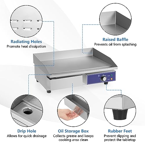 KOTEK Commercial Electric Griddle, 2000W 22” Flat Top Griddle, Stainless Steel Frame & Drip Tray, Adjustable Temperature Control 122℉-572℉, Countertop Teppanyaki Grill for Home, Kitchen, Restaurant