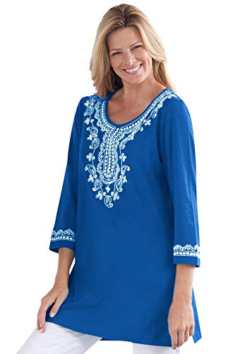 Woman Within Women's Plus Size Embroidered Knit Tunic - 18/20, Grenadine Orange