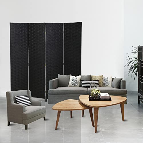 Room Divider 6FT 4 Panels Wall Divider Privacy Screen Wood Mesh Hand-Woven Design Room Screen Divider Indoor Folding Portable Partition Screen (Black)