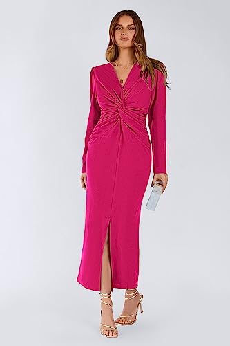 PRETTYGARDEN Women's Fall Fashion 2023 Long Puff Sleeve Maxi Dresses V Neck Twist Front Formal Dress with Slit (Rose Red,Medium)