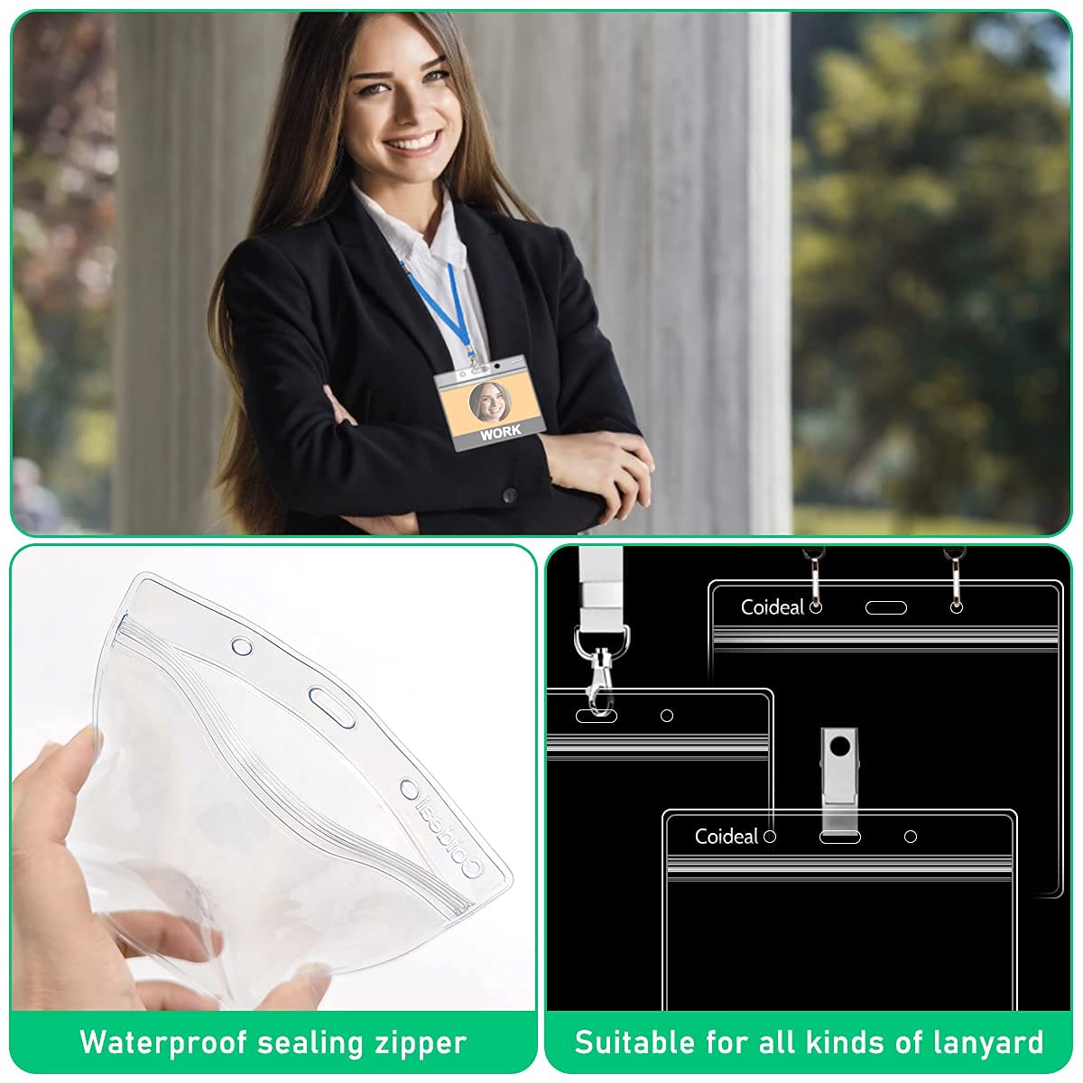 Clear Plastic Horizontal Badge Holder - Coideal 12 Pcs Thick Name Tag ID Card Protector Holders Large Transparent Sleeve Waterproof (4.8 x 3.5 Inch)
