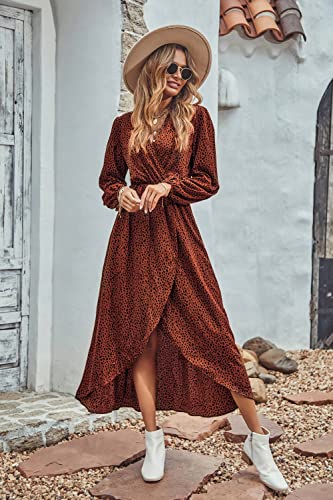 PRETTYGARDEN Women’s Long Sleeve Bohemian Dress V-Neck Floral Print High Split Tie Wrap Midi Flowy Dress (Brown, Large)