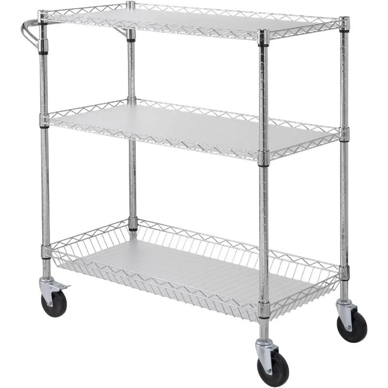 DCOT Kitchen Utility Cart, 3 Tiers, Wire Rolling Cart with 661 LBS Capacity, Steel Service Cart on Wheels, Metal
