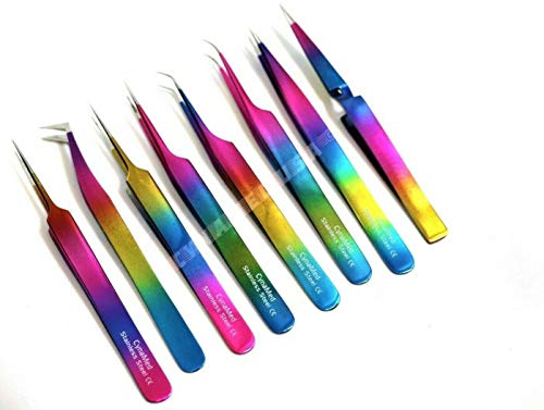 Cynamed-Set of 8 Piece German Stainless Steel Titanium Color Eyelash ExtensionTweezers