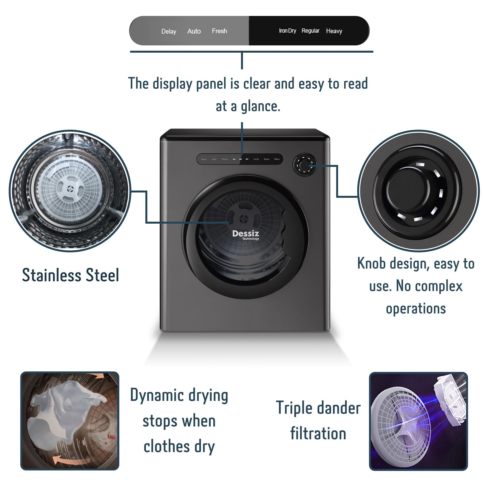 Dessiz Digital Control Compact Laundry Dryer - 10lbs Capacity, Portable Clothes Dryer Machine for Small Spaces, RVs and Apartments - Quiet, Sturdy and Easy to Use - Supplemental Dryer for Existing Laundry Machines - Drying Excellence Guaranteed