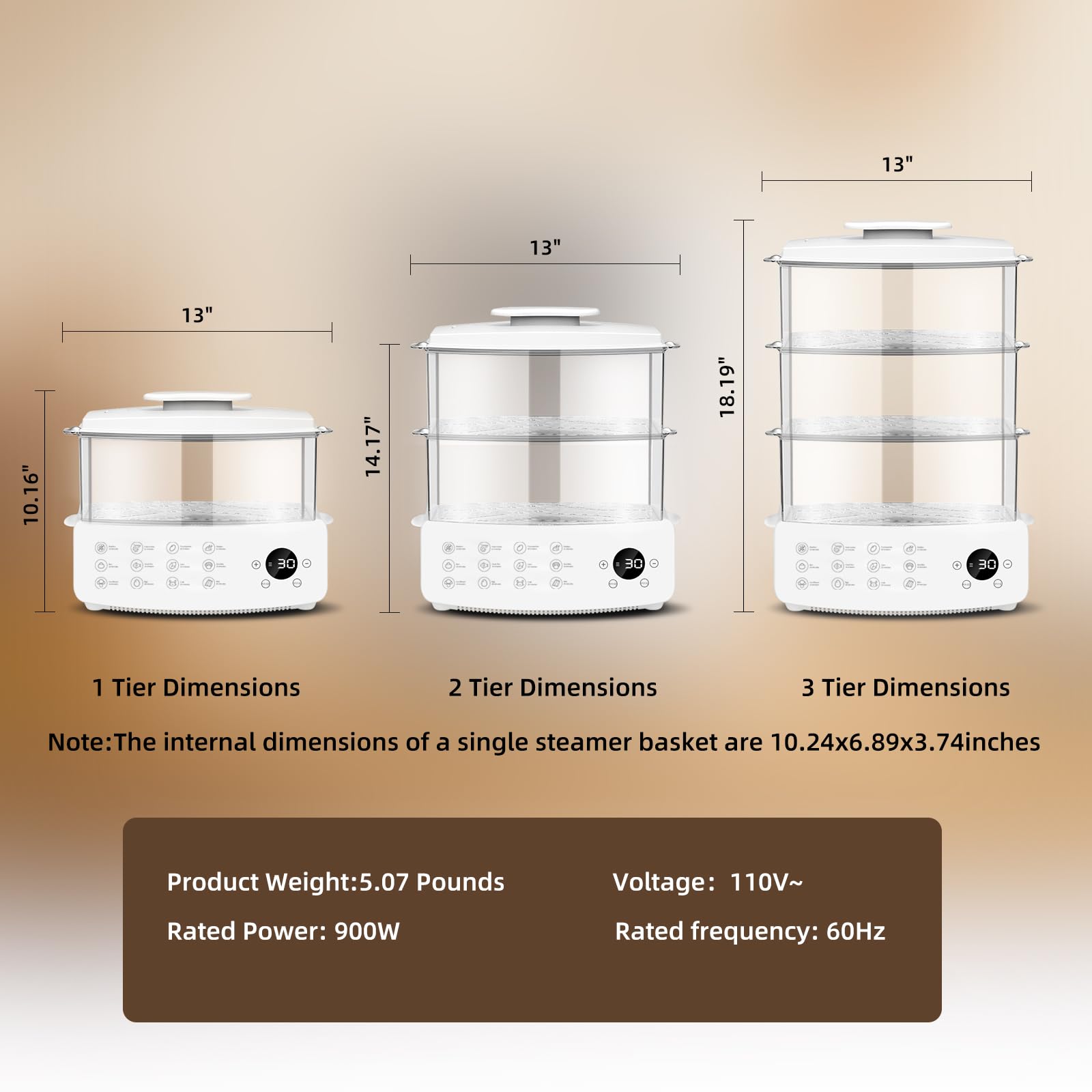 Electric Steamer for Cooking Vegetable Steamer Food Steam Cooker 900w Motor for Fast Steaming Veggie Dumpling Tamale Fish Egg Bun Tortilla,12.68 Quart 3-Tier Design Bpa-Free,Auto Shutoff,Smart Digital
