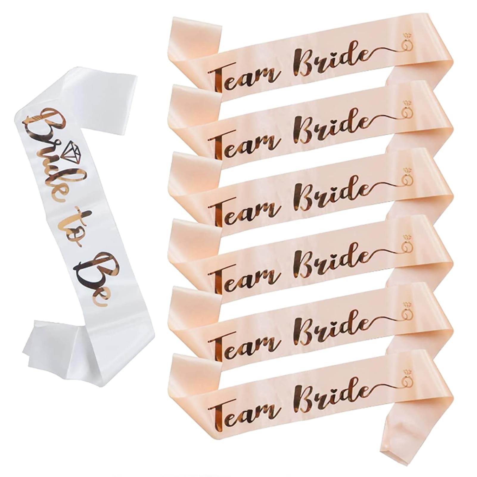 Jozlynn Team Bride Sash Set 1 White Bride to Be Sash and 6 Team Bride Sashes Bachelorette Party Supplies with Shiny Rose-gold Font Bachelorette Sash Bridesmaid Sashes for Bridal Party and Wedding (7)