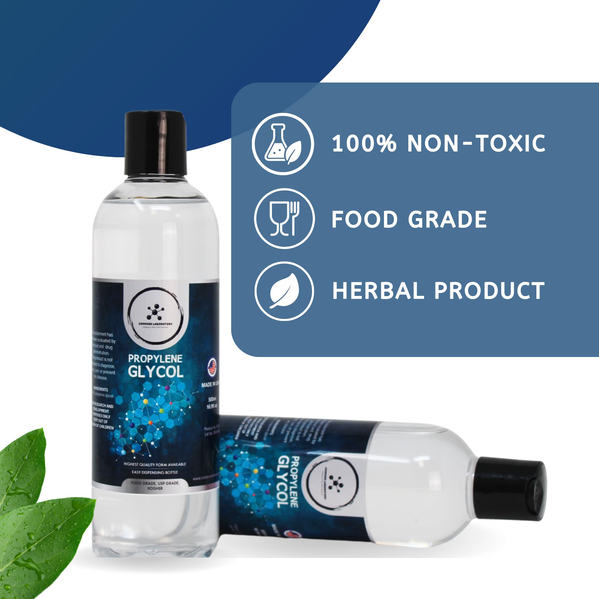 Propylene Glycol 2 Pack, Pure PG Dispensing Bottles, USP Kosher Food Grade PG Liquid for Soaps, Lotions, Moisturizers, Solvents, 500mL by Compass Laboratory