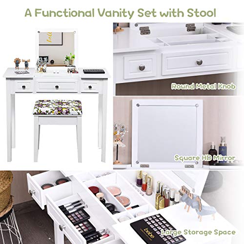 CHARMAID Makeup Vanity Desk with Flip Top Mirror and 3 Drawers, 7 Storage Compartments, White Writing Desk Dressing Table Vanity Set with Cushioned Stool for Kids Girls Women, Easy Assembly