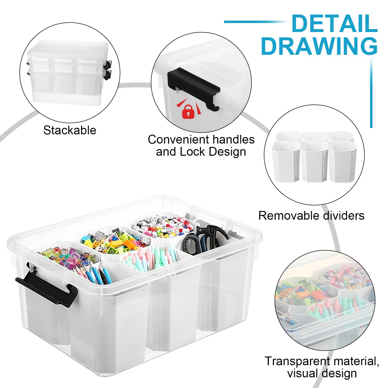 Layhit 3 PCS Storage Box with Removable Tray 17 QT Clear Plastic Storage Container for Seasonal Decor, Tool, Office Supplies, Art, Craft Supplies, Sewing Utility Box (Insert Bucket Style)