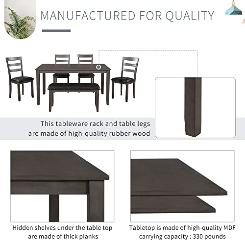 MOEO 6 Piece Kitchen Table Set, Wood Dining Faux Marble Top Diningtable with 4 PU Cushion Chairs & Bench for Breakfast Nook, Bar, Living Room, Gray, Brown