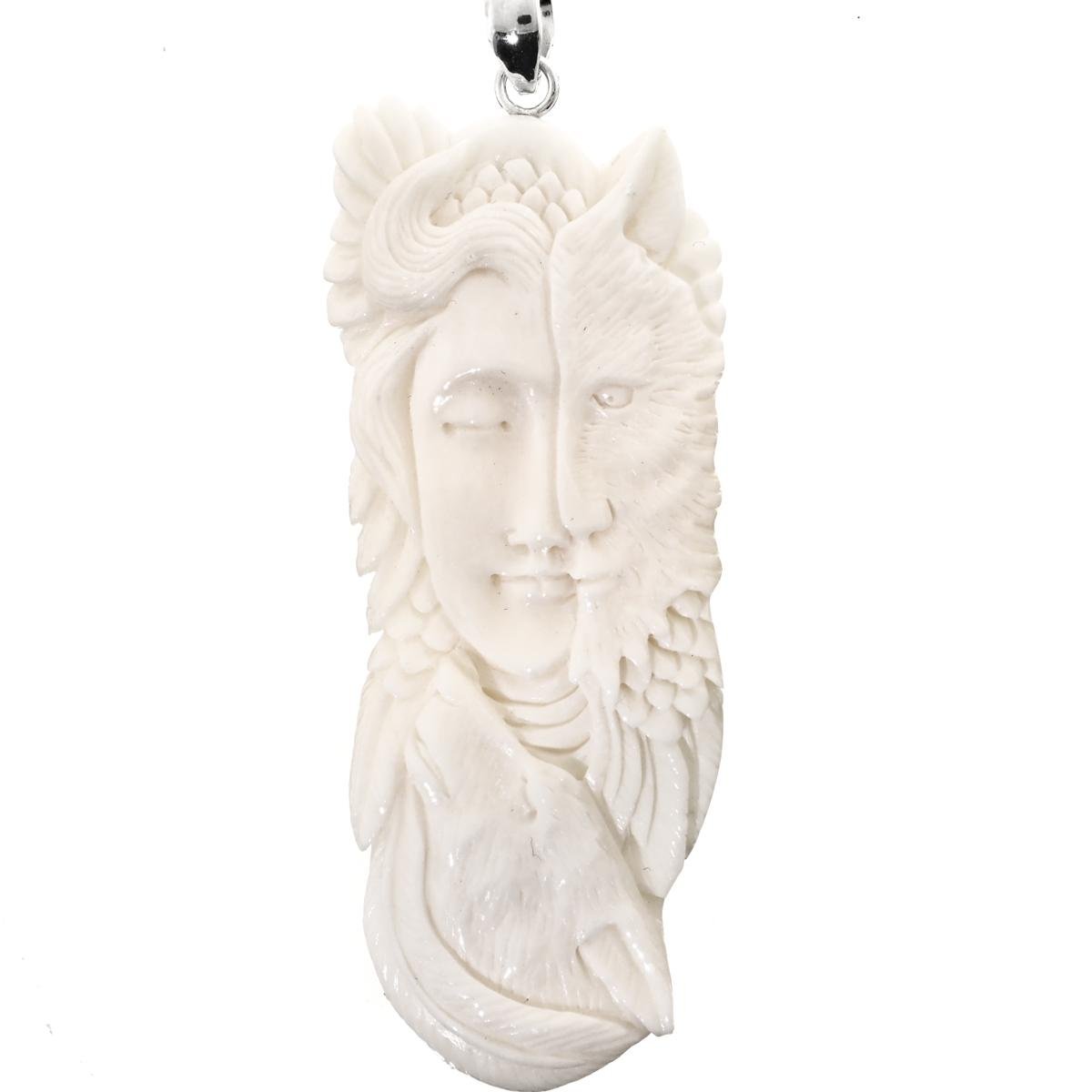 Carving Goddess Of The Hunt Buffalo Bone 925 Sterling Silver Pendant, 3 3/8"