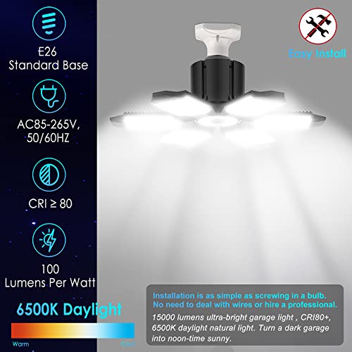LED Garage Light Bulbs 150W 15000LM 6500k Super Bright Garage Lighting with 6 Adjustable Panels E26/E27 Screw in Deformable Garage Ceiling Light Bulbs for Garage Warehouse