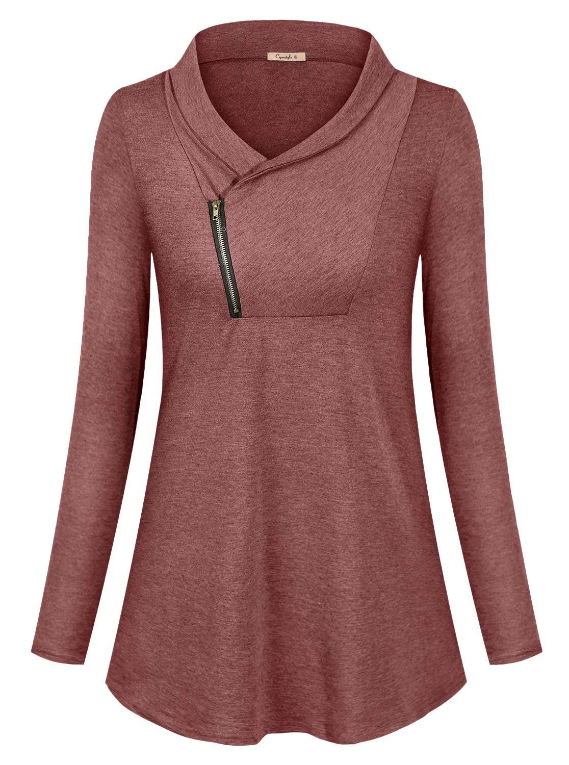 Cyanstyle Womens Casual Long Sleeve Cowl Neck Shirt Zipper Solid Sporty Sweatshirts Carmine Red Medium