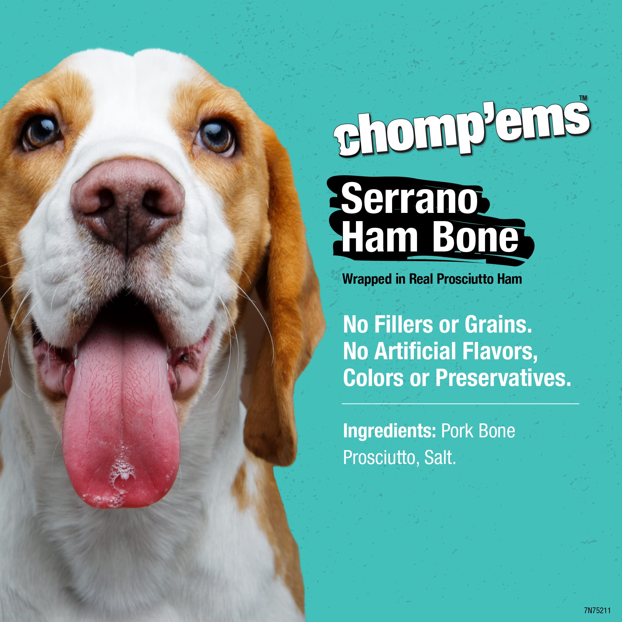 Ruffin' It Chomp'ems Serrano Ham Bone Wrapped with Prosciutto, 1 Pack - Healthy, Protein Rich Treats for Dogs - Long Lasting Dog Chews