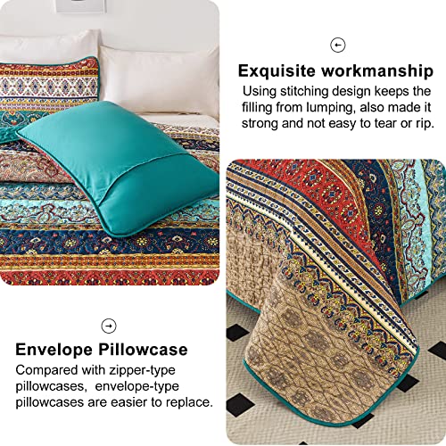 WONGS BEDDING Boho Queen Quilt Set, Green and Brown Bohemian Queen Quilt Bedding Set, Lightweight Microfiber Bed Decor Bedspread for All Season 96"x90"(3 Pieces)