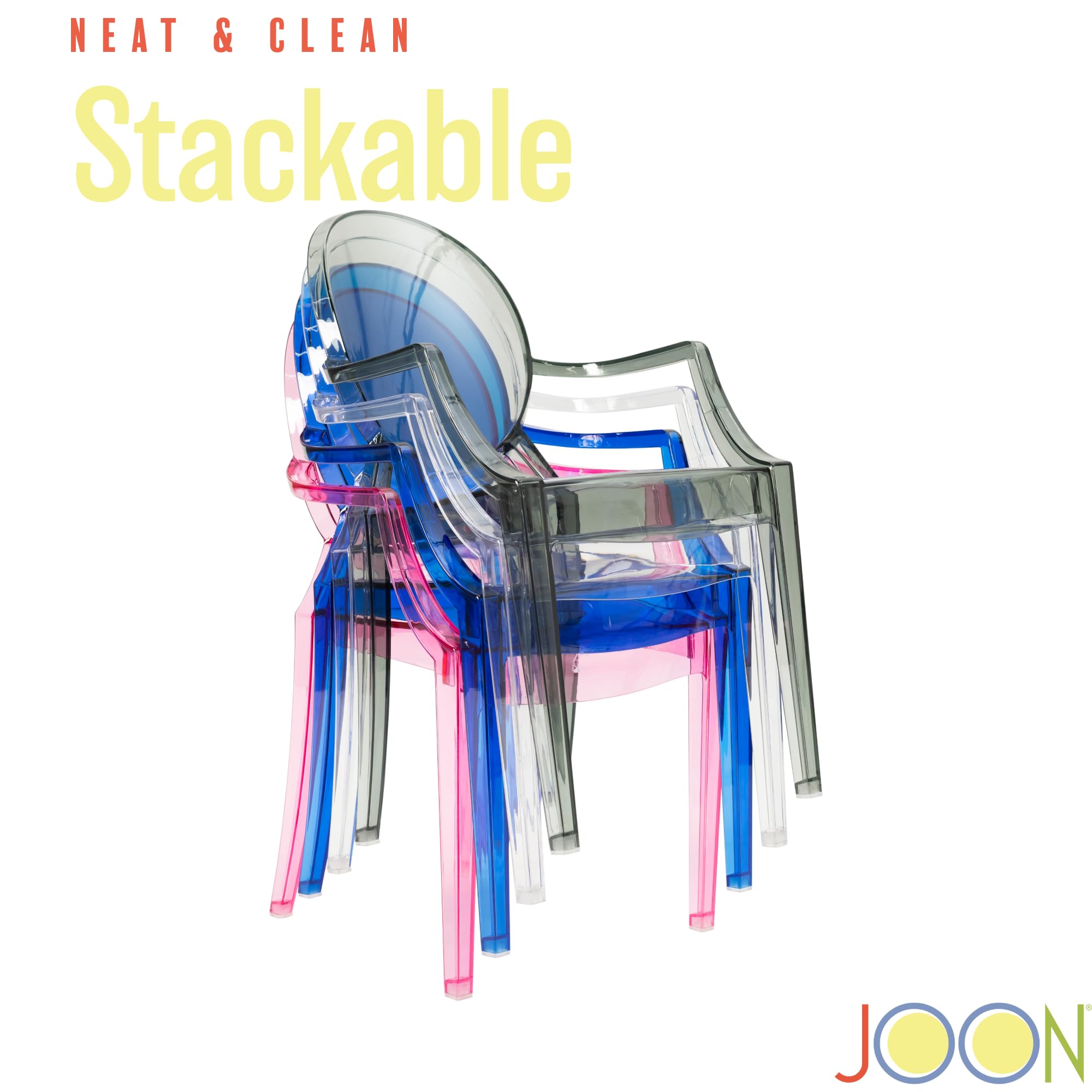 JOON 2 Pack Kids Ghost Chairs with Armrest Transparent, 25x13x14.5 Inches, Polycarbonate Material, 12.75β Seat Height, Stackable, for Toddler Parties, Playroom, Daycare, Home (Transparent Clear)