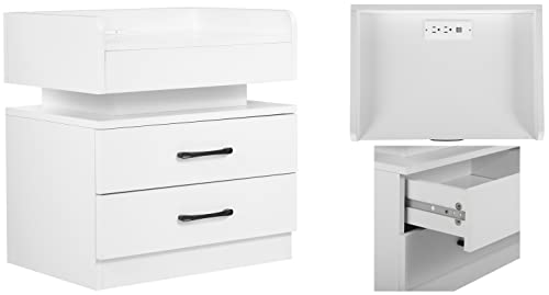 LED Nightstand with Charging Station, White Night Stands with USB Charging Ports and LED Lights, Modern Wooden Bedside Table with 2 Drawers, Small End Side Table with Drawers for Bedroom, Living Room