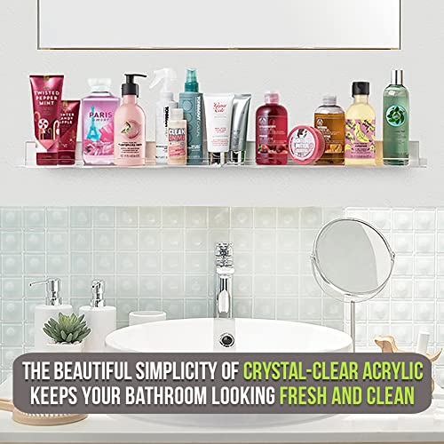 Pretty Display Acrylic Bathroom Shelves [2 Pack] Wall Mounted 15" Shelf Set - Crystal Clear Floating Shelves, Easy to Wall Mount, Rust-Proof & Maintenance-Free