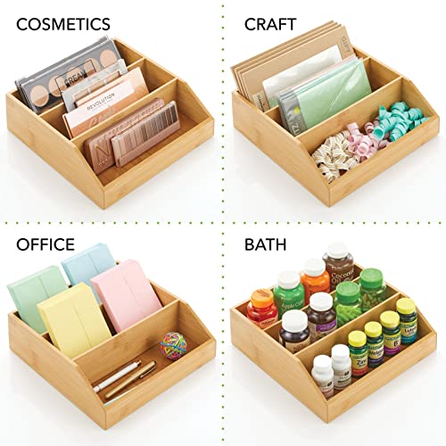 mDesign Wide Bamboo Wood Food Storage Bin with Divided 3 Compartments and Sloped Front for Kitchen Cabinet, Pantry, Shelf to Organize Seasoning Packets, Powder Mixes, Spices, Snacks - Natural