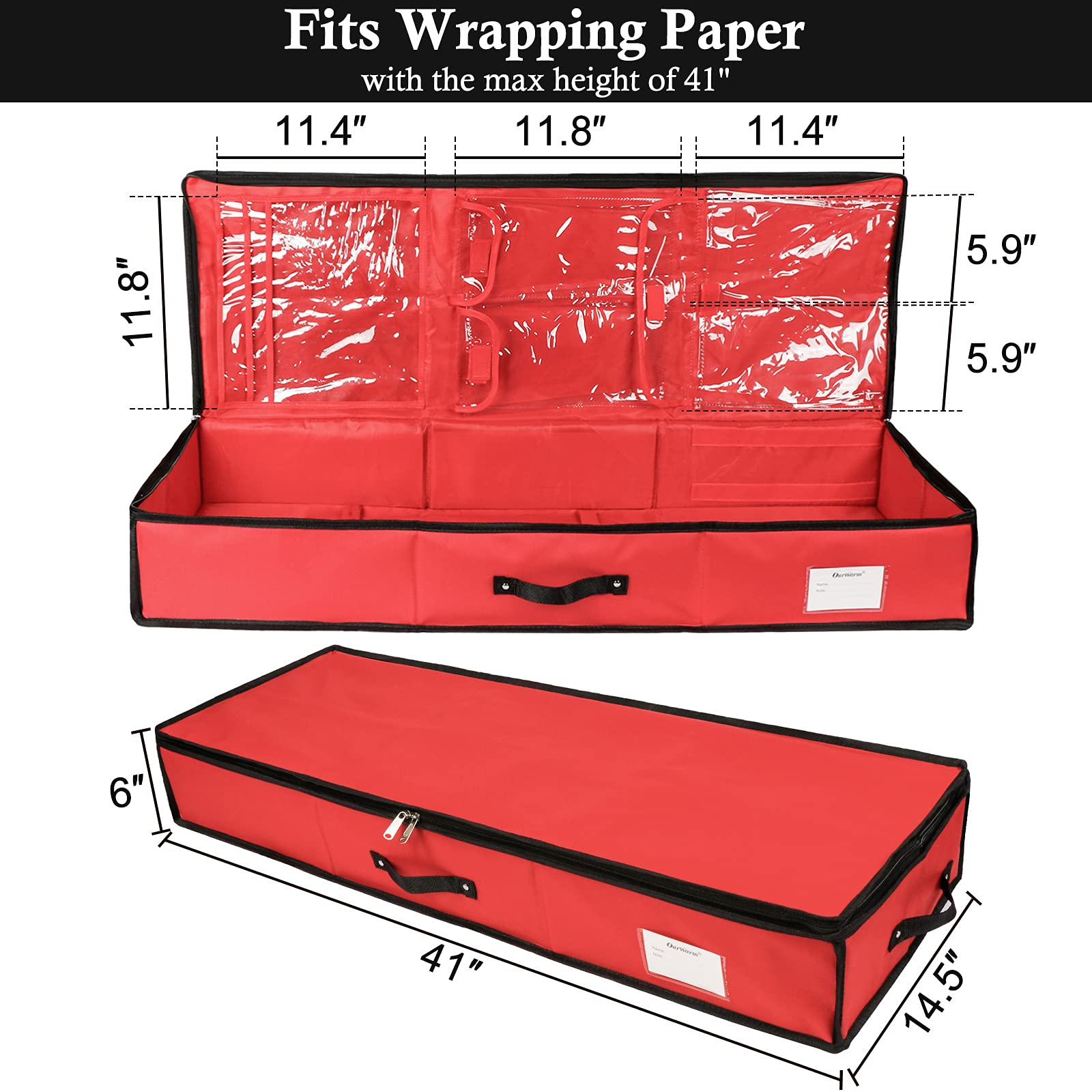 CYAOOI Christmas Wrapping Paper Storage Containers, Gift Wrap Organizer with Pockets for 40 Inch Wrapping Paper, Ribbon, Card, Gift Bag and Bows, Durable 600D Oxford Material Underbed Storage, Red