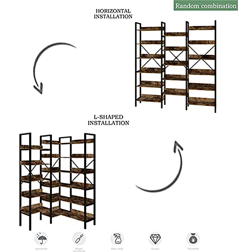 PAKASEPT 6-Shelf Corner Bookshelf, Triple Wide 6-Tier Bookcase, Large Modern Corner Shelf with Metal Frame, Open Bookshelves for Living Room Home Office, Rustic Brown