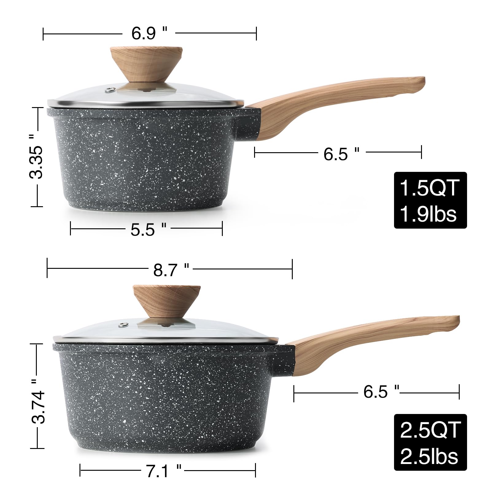 Kordisen Sauce Pan Set with Lid, 1.5QT & 2.5QT Non Stick Small Pot with Granite Coating, Saucepan with Pour Spout, Multipurpose Handy Induction Pot, Cooking Pot, PFOA/PFOS Free