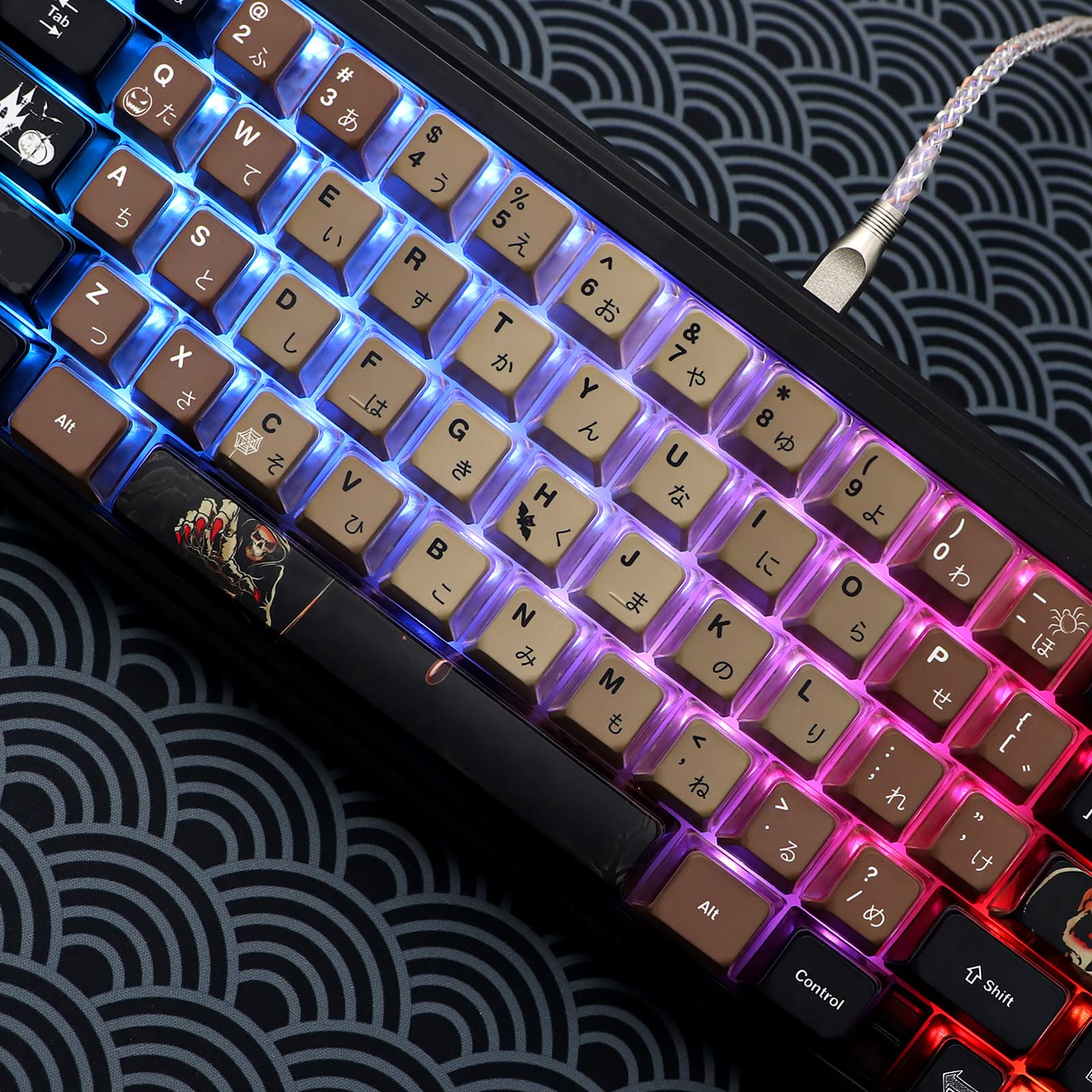 JSJT Halloween Keycaps 150 Keys Triple Side Transparent Japanese keycaps PBT Shine Through Keycaps OEM Profile Custom Keycap Set Suitable for 61/64/87/104/108 Cherry MX Switch Mechanical Keyboard
