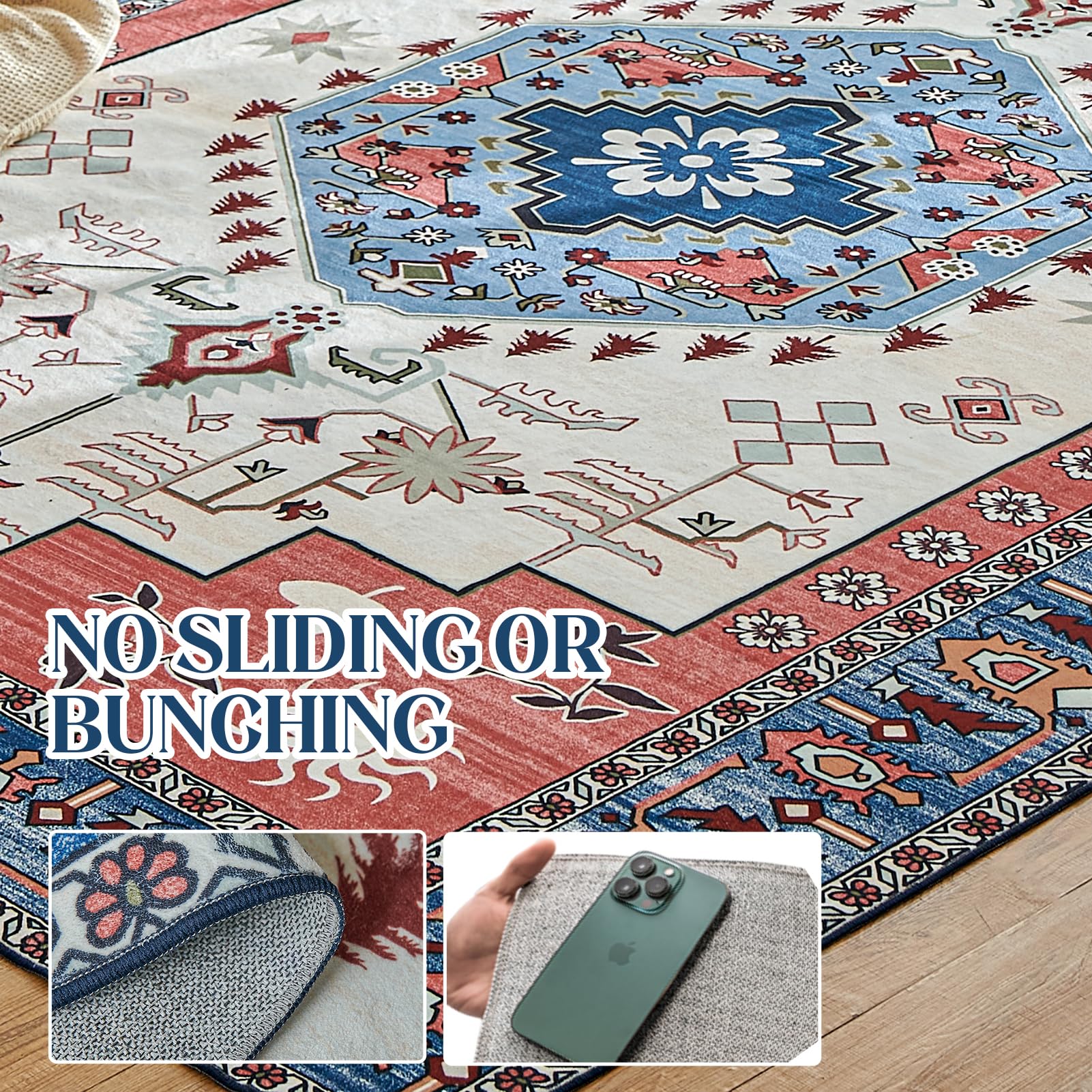 CHOSHOME Washable Rug 8x10 Vintage Boho Medallion Area Rugs with Non-Slip Backing Soft Stain Resistant Non-Shedding Low-Pile Floor Carpet Mat for Living Room Bedroom Kitchen Home Office,Red
