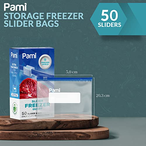 PAMI Freezer Slider Quart Bags [50 Pieces]- Leakproof Food Storage Freshness-Lock Bags With Expandable Bottom- Food-Safe Slider Zipper Bags With Freezer Shield Technology- Thick & Reusable Sandwich Bags