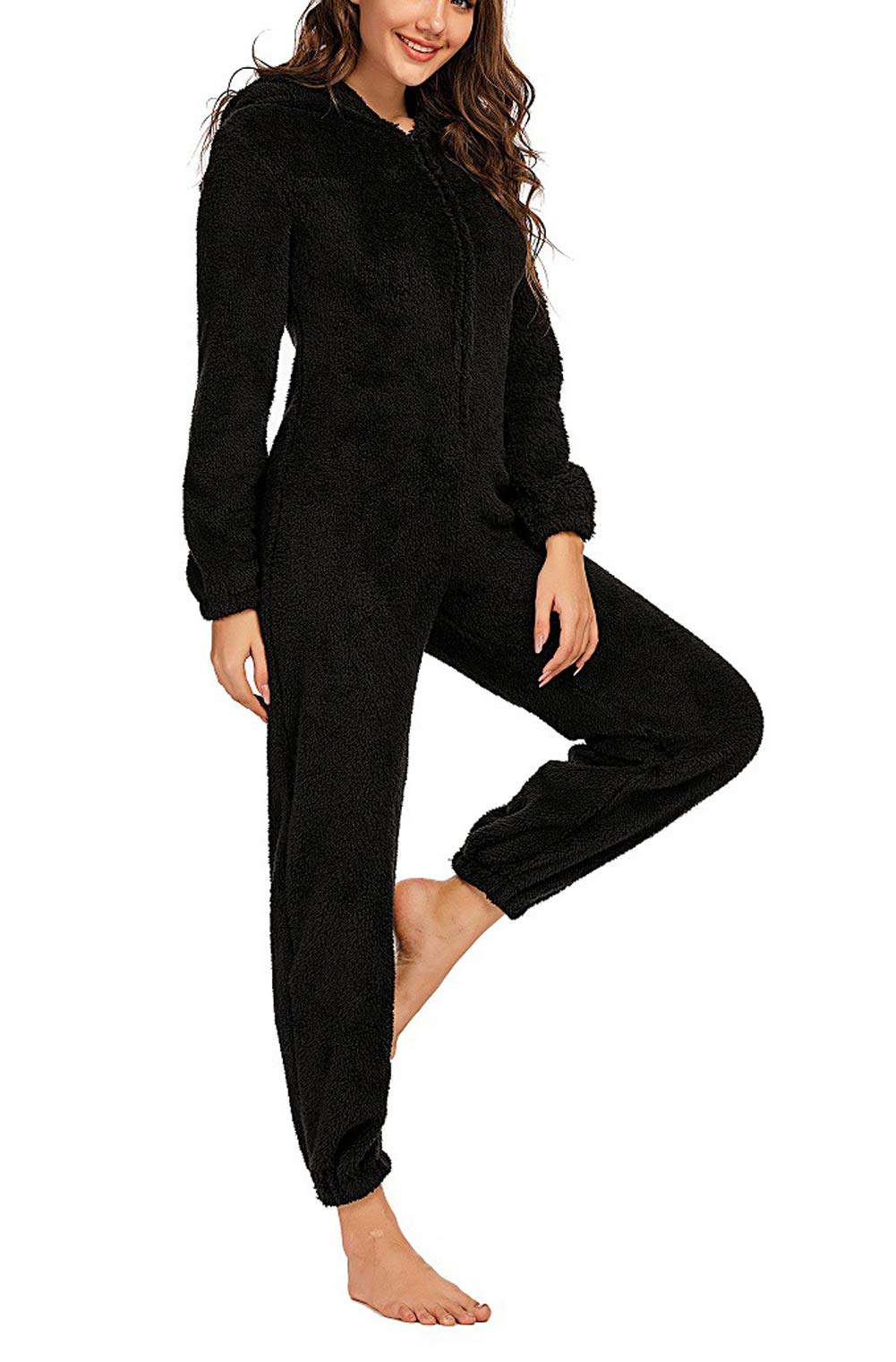 chouyatou Women's Ultra Comfy Lounge Furry Sherpa Romper Onesie Pajamas Cute Ear Hood (Large, Black)