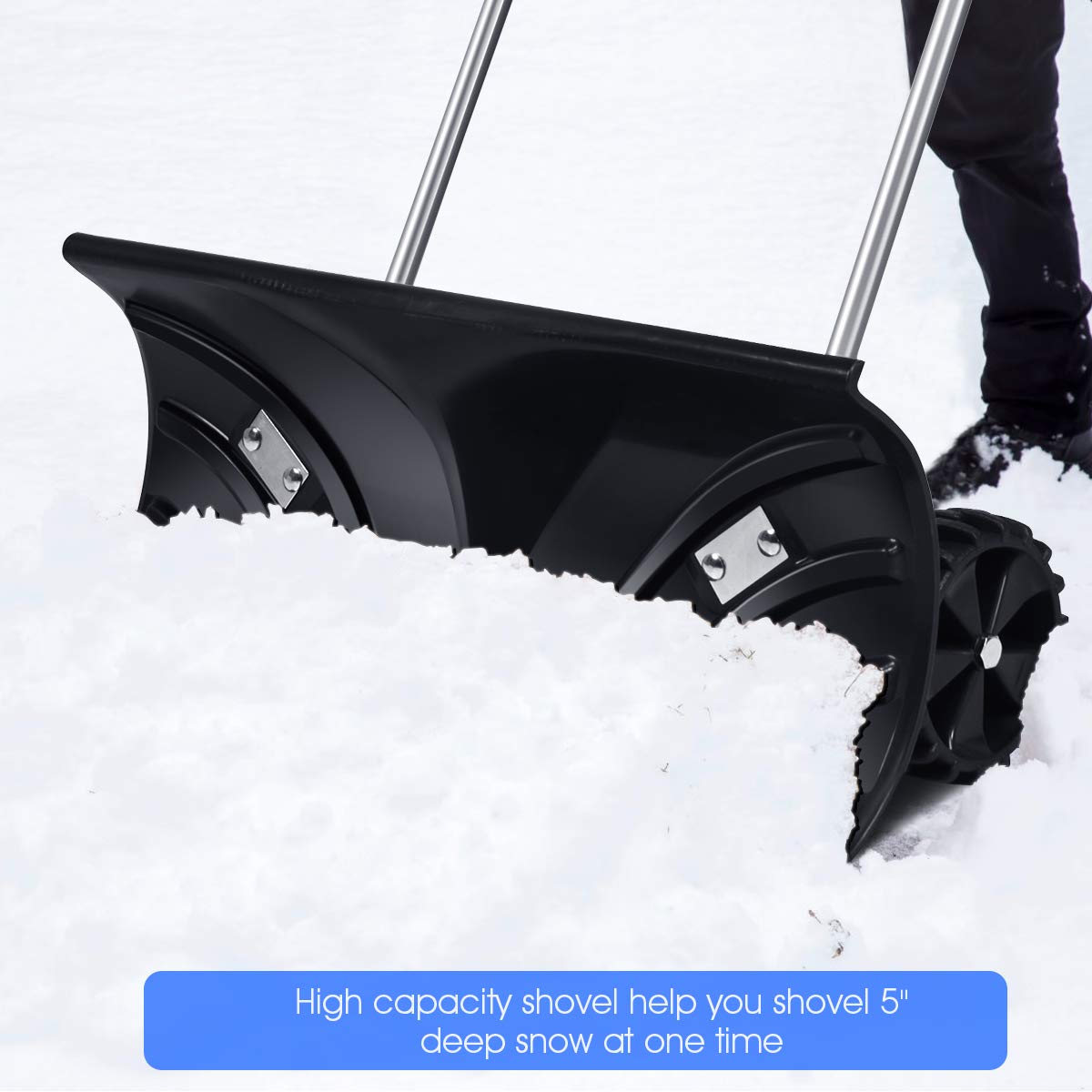 GYMAX Snow Shovel, Rolling Snow Pusher for Driveway, Heavy Duty Snow Plow Shovel with 26β Wide Blade, Built-in Wheels & Adjustable Handle, Wheeled Ergonomic Snow Removal Tools