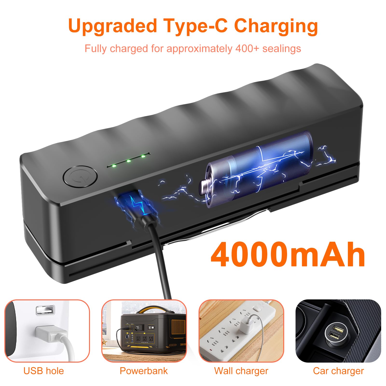 Upgraded Mini Bag Sealer,4000mAh Rechargeable Handheld Mini Heat Sealer with 4.7" Heating Strip & 5 Adjustable Gears-Quick Heat Bag Resealer for Chip Bag, Snack Bag, Plastic Bag - Keep Food Fresh