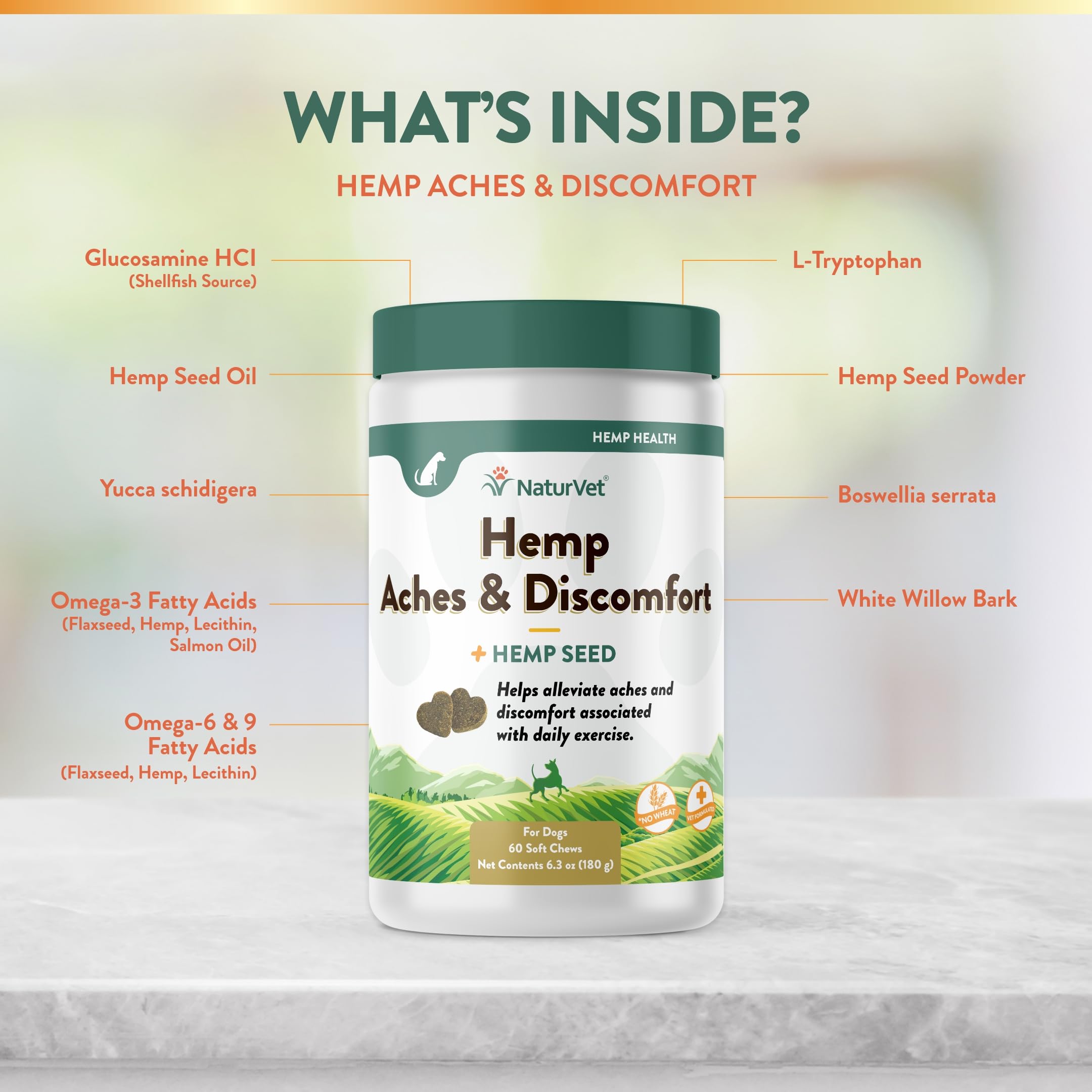 NaturVet Hemp Aches & Discomfort Plus Hemp Seed for Dogs, 60 ct Soft Chews, Made in The USA