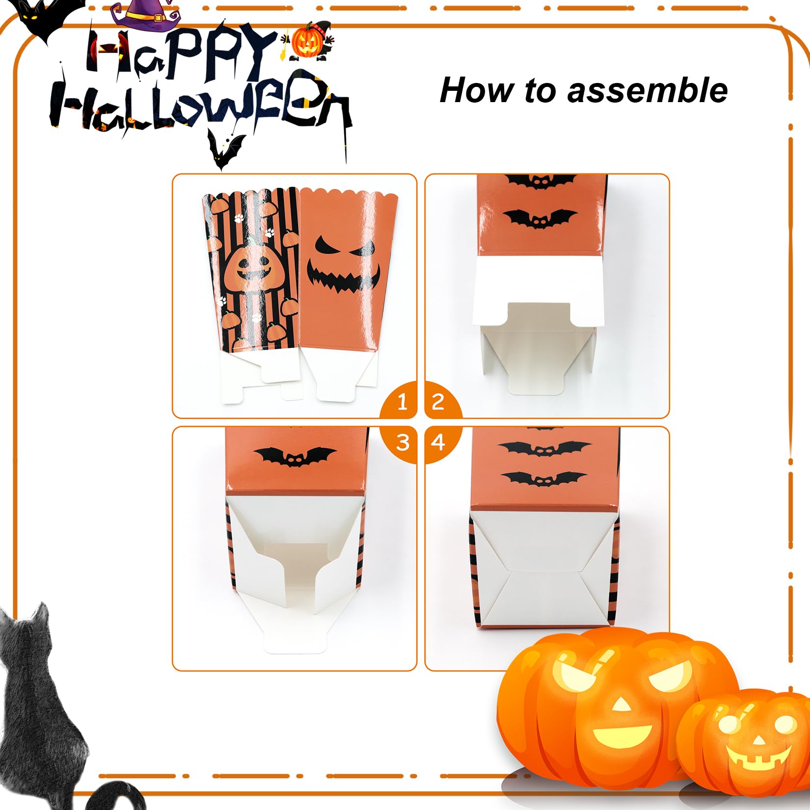KOWLOON 24PCS Popcorn Paper Boxes Halloween Popcorn Boxes,Ghost Bat Disposable Popcorn Containers for Halloween Party Favor,Pumpkin Snack Treat Boxes Candy Cookie Container Gifts for Kids