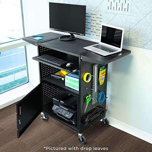 Line Leader Stellar AV Cart | Computer Cart with Pegboard Siding & 12 Hooks for Customizable Storage | Locking Cabinet & Pullout Keyboard Tray | UL Safety Certified Power Outlets | Locking Wheels