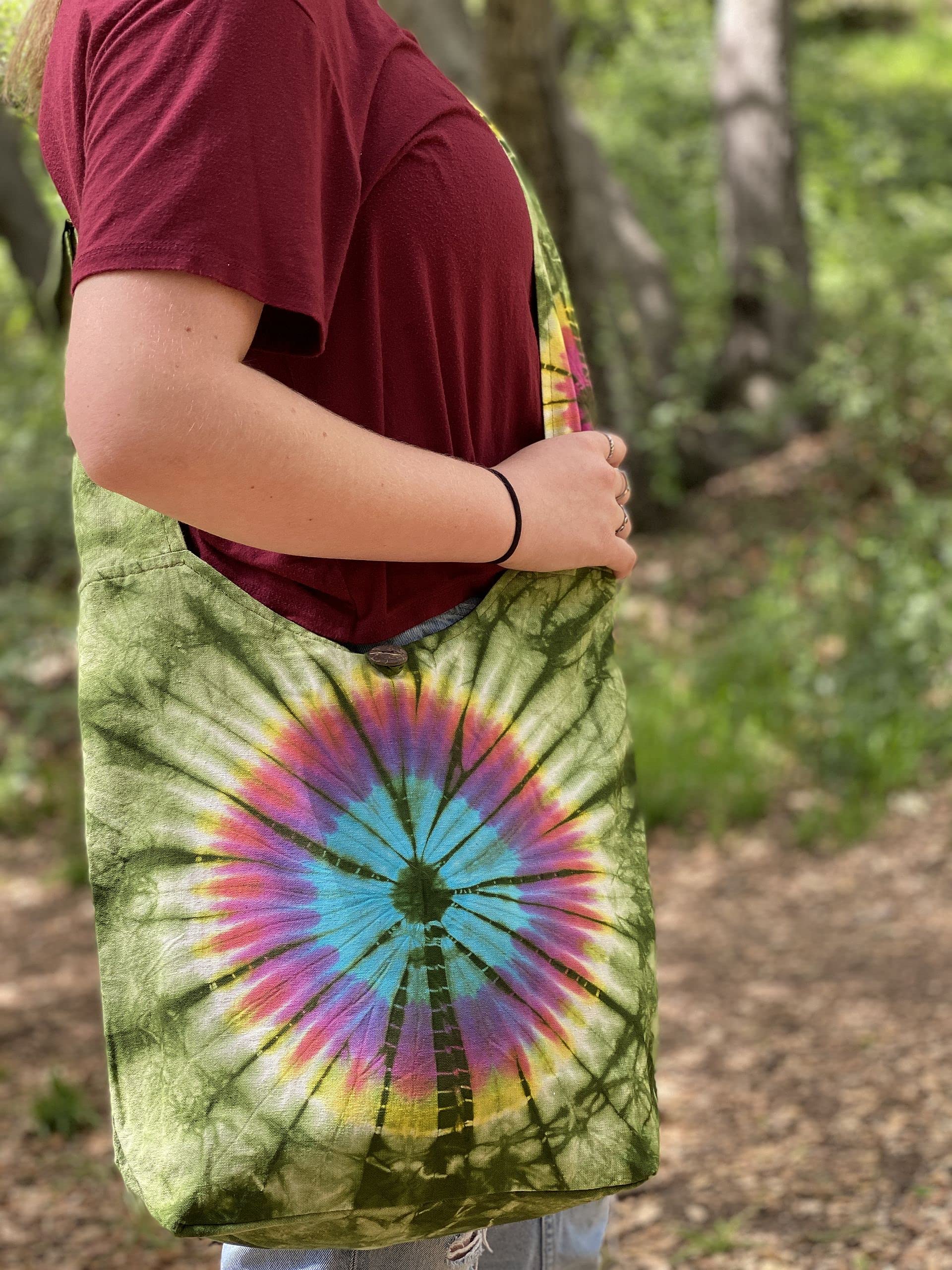 Tie Dye Crossbody Shoulder Hippie Boho Handbag Purse in Green Large