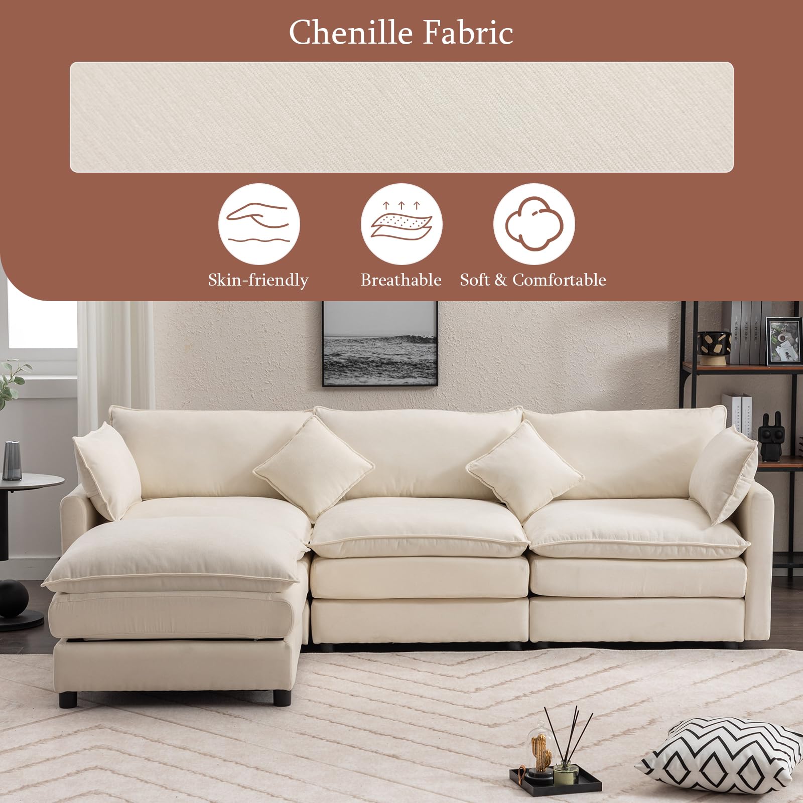 L Shaped Sectional Sofa Cloud Couch with Movable Ottoman,Convertible Deep 4 Seater Modular Couch for Living Room,Modern Chenille Comfy Upholstered Corner Couch with Double Cushions,Dark Gray