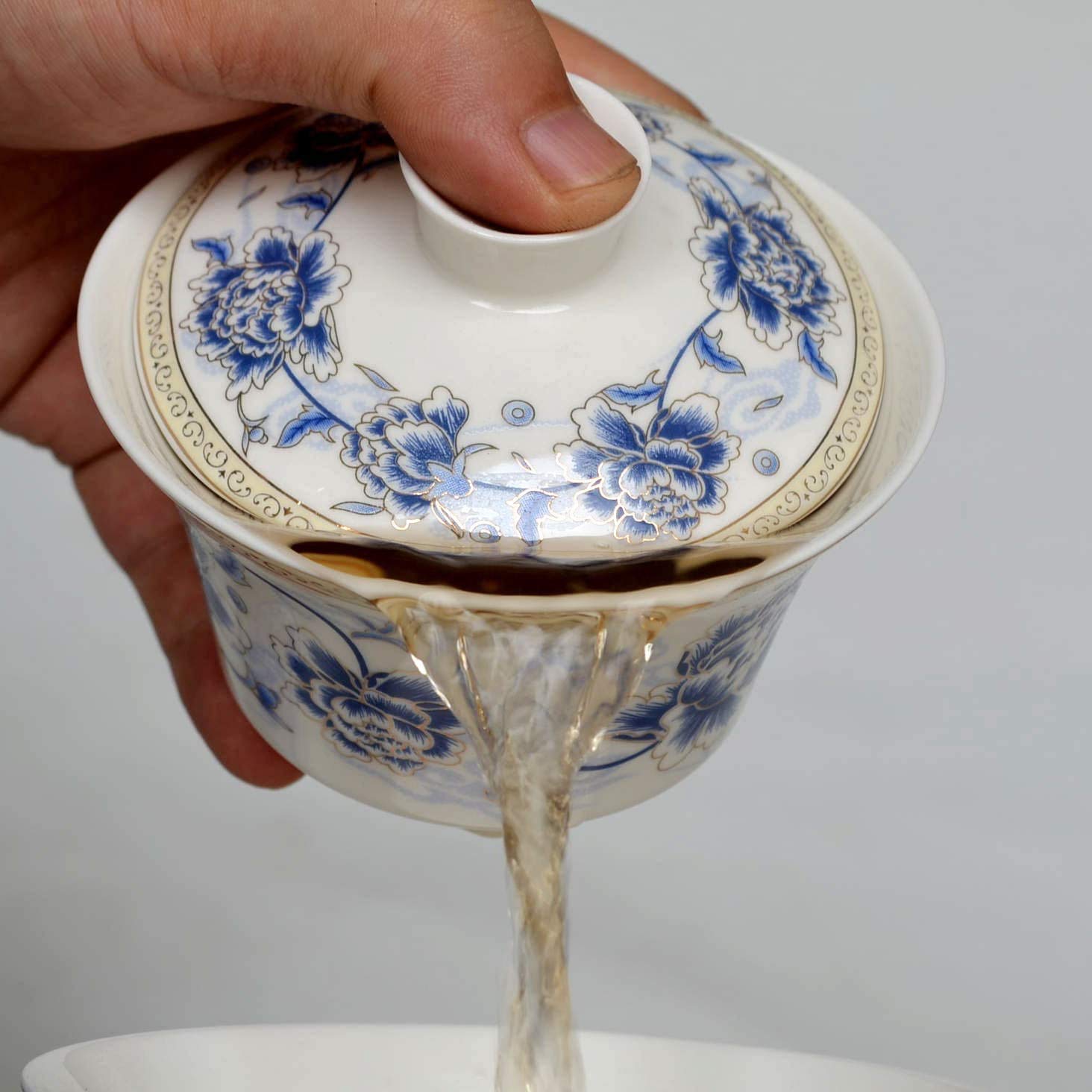 Eplze YBK Tech 10oz Large Gaiwan, Porcelain Kung Fu Tea Cup with Saucer and Lid, Chinese Traditional Gaiwan, Sancai Tea Bowl (4#)