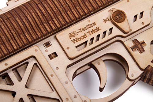 Wood Trick Assault Gun AR-T Model Kit for Adults and Teens to Build - with Telescoping Butt, Fuse, Sight and Clip for 12 Rounds - Detailed Construction - 23x8″ - 3D Wooden Puzzle - 14+