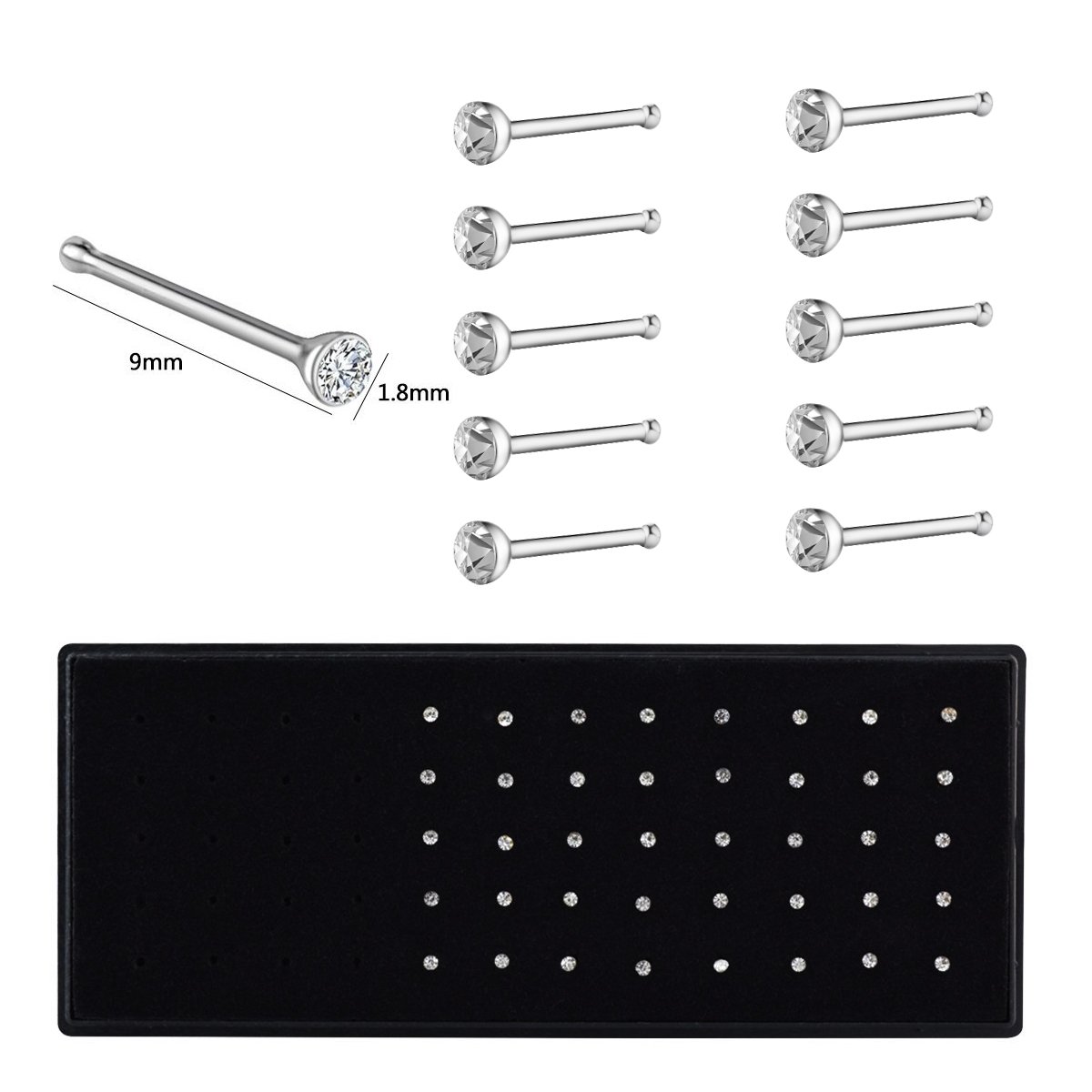 cnomg 1 Set 40pcs Surgical Steel Nose Rings Hypoallergenic Nose Bone Studs Crystal Body Piercing Jewelry Nose Studs Rings 1.7 MM Silver White
